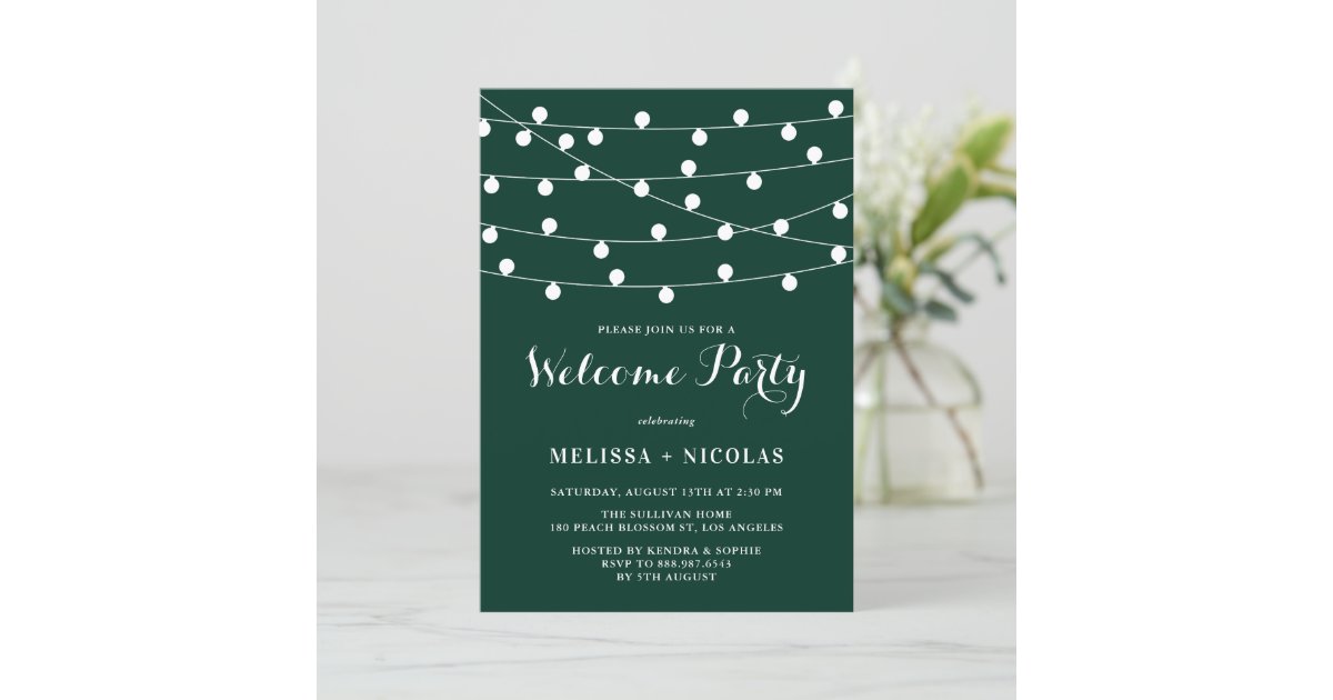 Whimsical String Lights Green Welcome Party Invitation | Zazzle