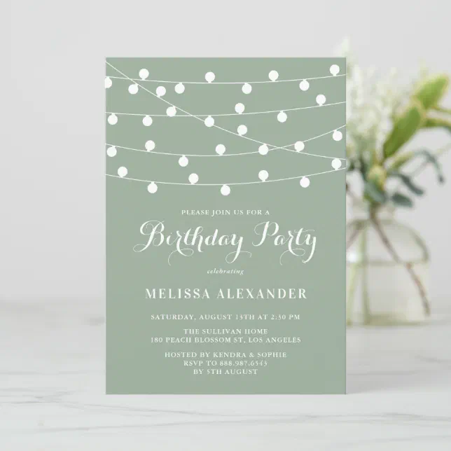 Whimsical String Lights Sage Green Birthday Party Invitation | Zazzle