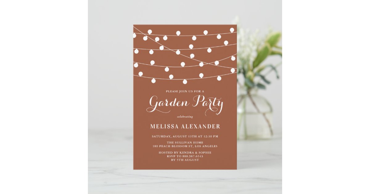 Whimsical String Lights Terracotta Garden Party Invitation | Zazzle