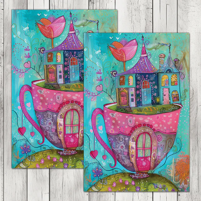 WHIMSICAL TEA CUP HOUSE DECOUPAGE TISSUE PAPER | Zazzle