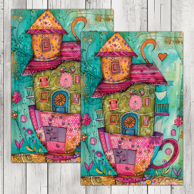 WHIMSICAL TEA CUP HOUSE DECOUPAGE TISSUE PAPER | Zazzle