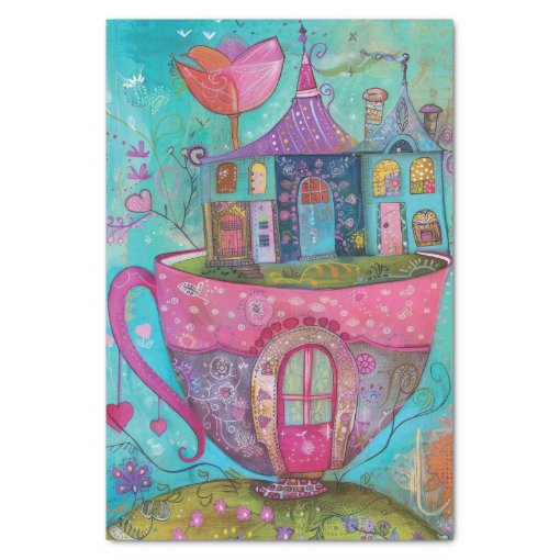 WHIMSICAL TEA CUP HOUSE DECOUPAGE TISSUE PAPER | Zazzle