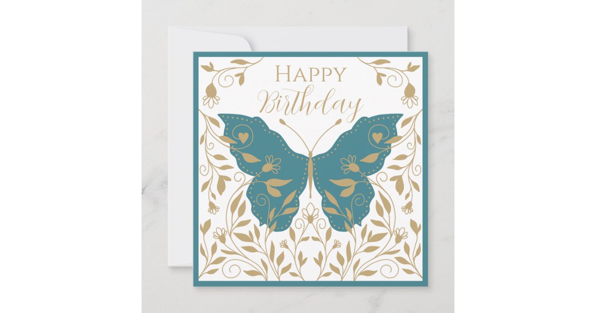 Whimsical Teal and Gold Butterfly Note Card | Zazzle