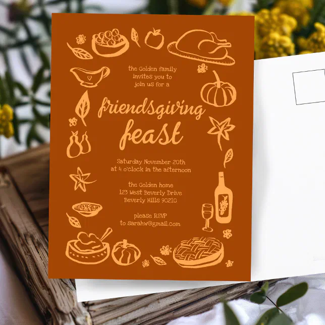 Whimsical Thanksgiving Friendsgiving Dinner Custom Postcard | Zazzle