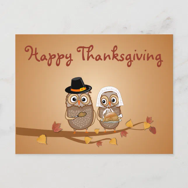 Whimsical Thanksgiving Owls Holiday Postcard | Zazzle
