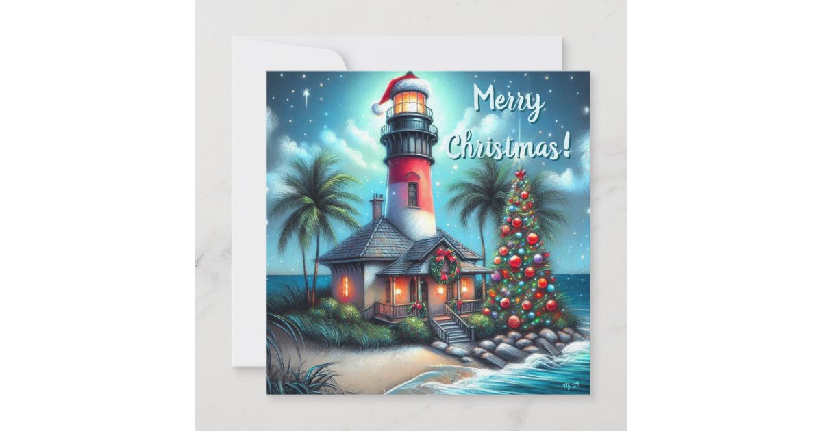 Whimsical Tropical Christmas Lighthouse Teal Red Holiday Card | Zazzle