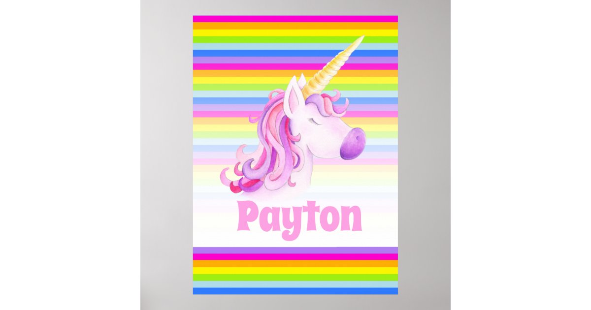 Whimsical unicorn rainbow stripes personalized poster | Zazzle