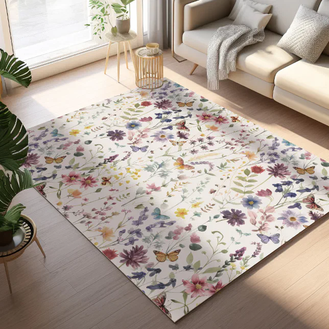 Whimsical Watercolor Wildflowers Area Rug | Zazzle