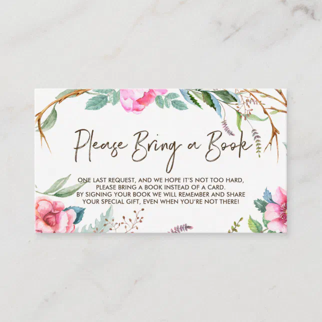 Whimsical Watercolor Wreath Please Bring a Book Enclosure Card | Zazzle