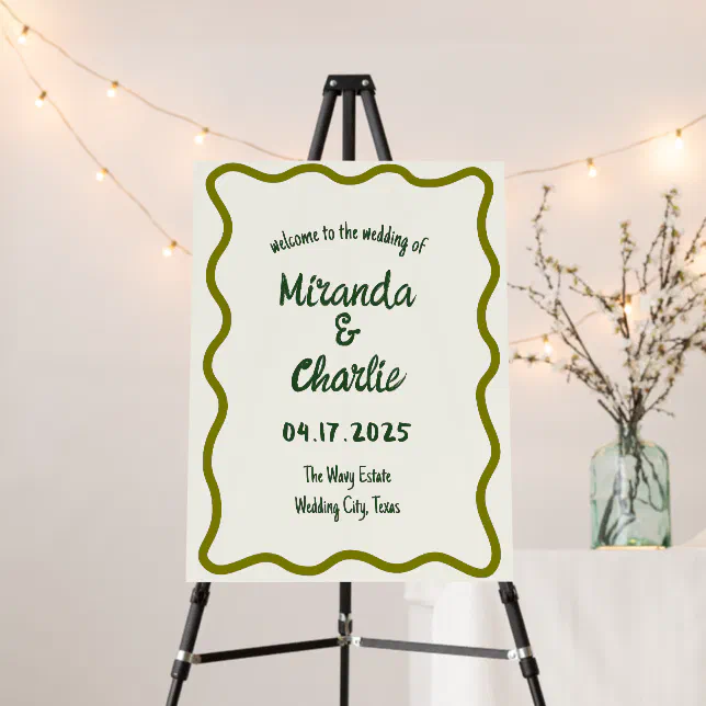 Whimsical Wavy Border Olive Wedding Welcome Sign | Zazzle