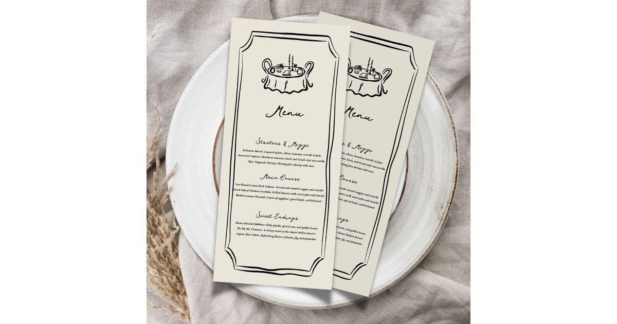 Whimsical Wedding Food Dinner Hand drawn Menu | Zazzle