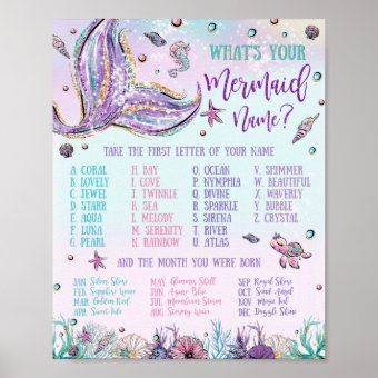 Whimsical What's Your Mermaid Name Birthday Game Poster | Zazzle