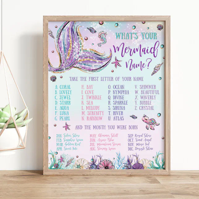 Whimsical What's Your Mermaid Name Birthday Game Poster | Zazzle