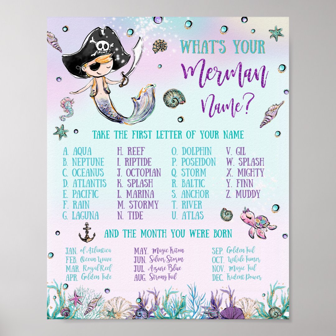 Whimsical What's Your Merman Name Birthday Game Poster | Zazzle