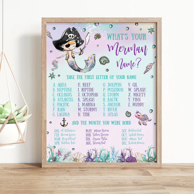 Whimsical What's Your Merman Name Birthday Game Poster | Zazzle