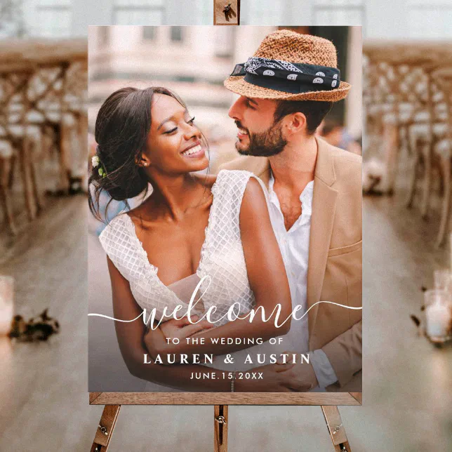 Whimsical White Calligraphy Photo Wedding Welcome Canvas Print | Zazzle