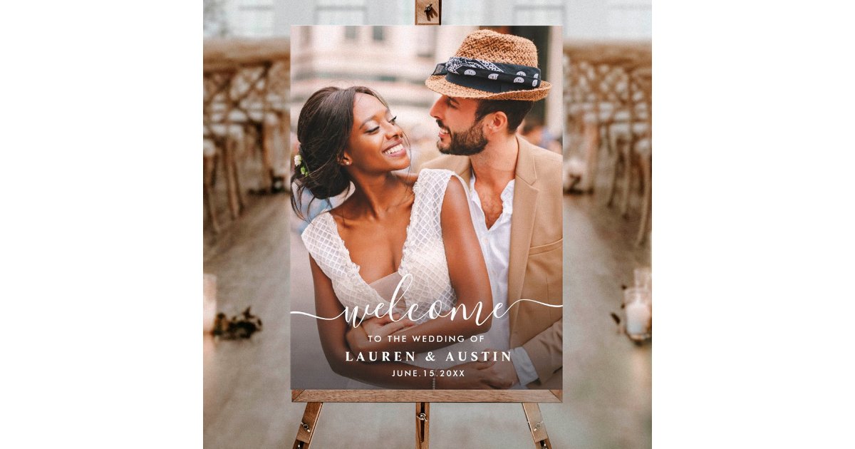 Whimsical White Calligraphy Photo Wedding Welcome Canvas Print | Zazzle