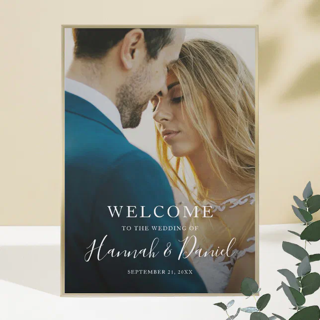 Whimsical White Modern Photo Wedding Welcome Poster | Zazzle