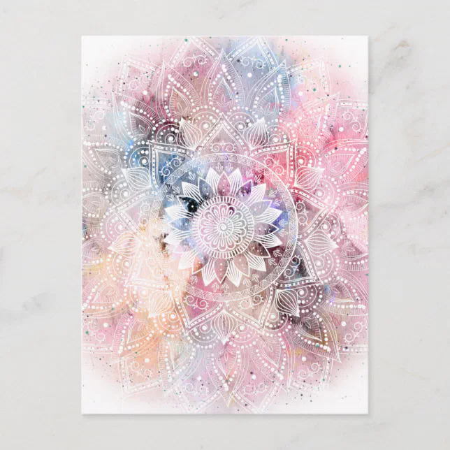 Whimsical white watercolor mandala design postcard | Zazzle