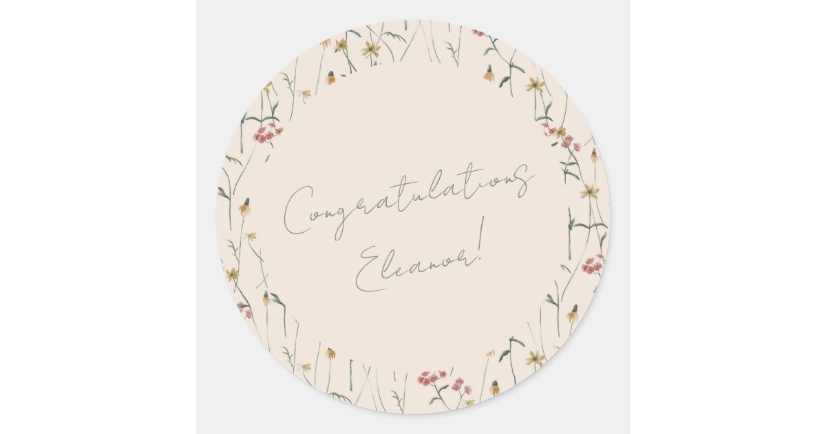 Whimsical Wildflower Floral Boho Congratulations Classic Round Sticker ...