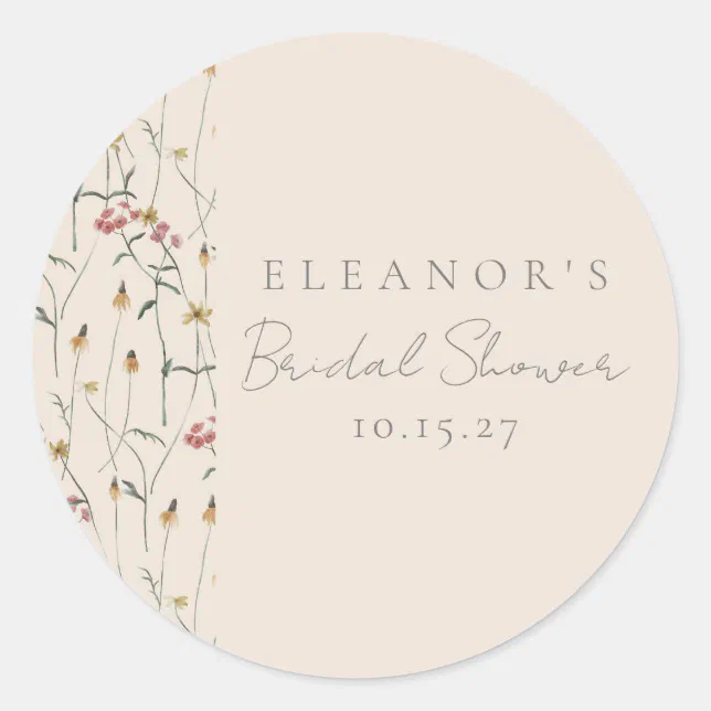 Whimsical Wildflower Floral Custom Bridal Shower Classic Round Sticker ...