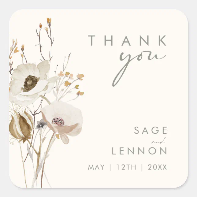 Whimsical Wildflower | Ivory Thank You Sticker | Zazzle