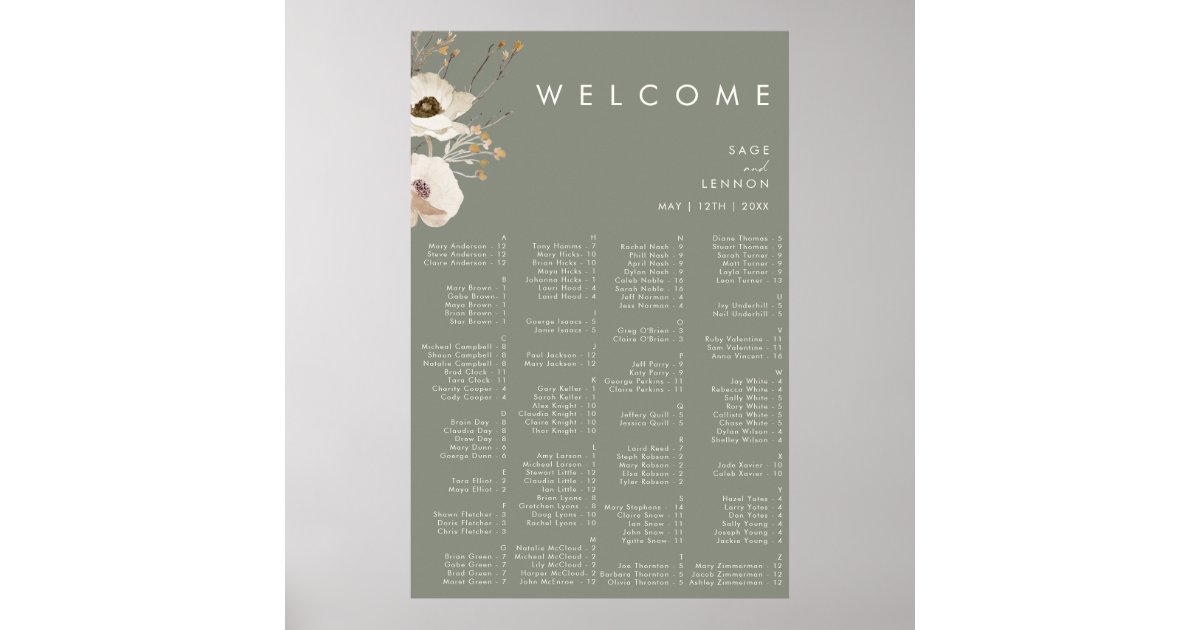 Whimsical Wildflower | Sage Alphabetical Seating Poster | Zazzle