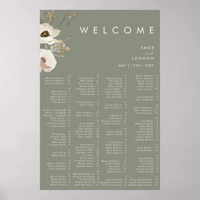Whimsical Wildflower | Sage Alphabetical Seating Poster | Zazzle