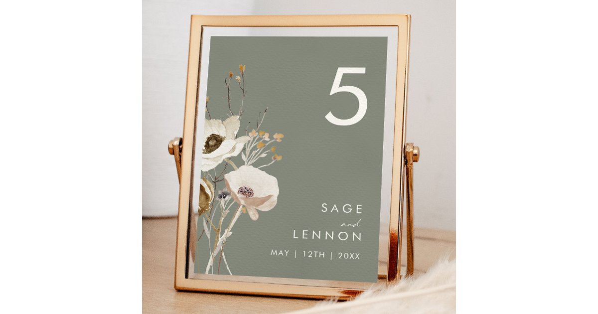 Whimsical Wildflower | Sage Green Table Number | Zazzle