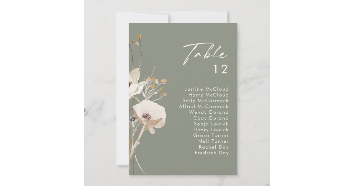 Whimsical Wildflower Sage Green Table Number Chart | Zazzle