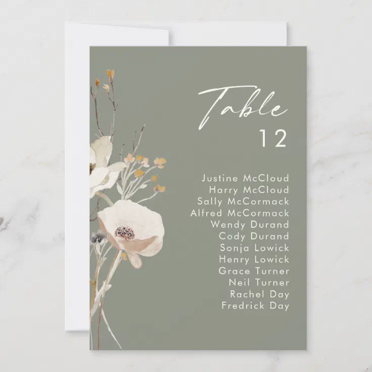 Whimsical Wildflower Sage Green Table Number Chart | Zazzle