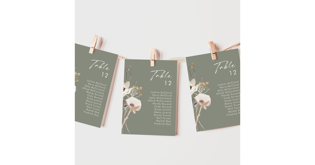 Whimsical Wildflower Sage Green Table Number Chart | Zazzle