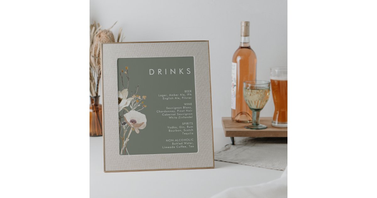 Whimsical Wildflower Sage Wedding Drinks Menu Poster | Zazzle