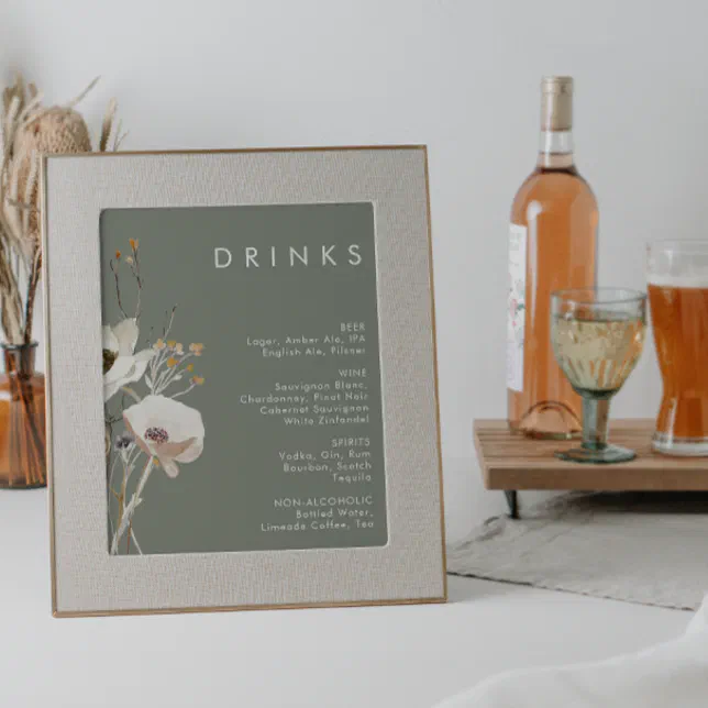 Whimsical Wildflower Sage Wedding Drinks Menu Poster | Zazzle