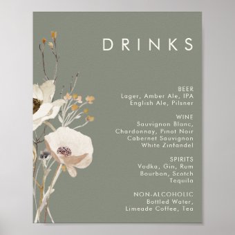 Whimsical Wildflower Sage Wedding Drinks Menu Poster | Zazzle