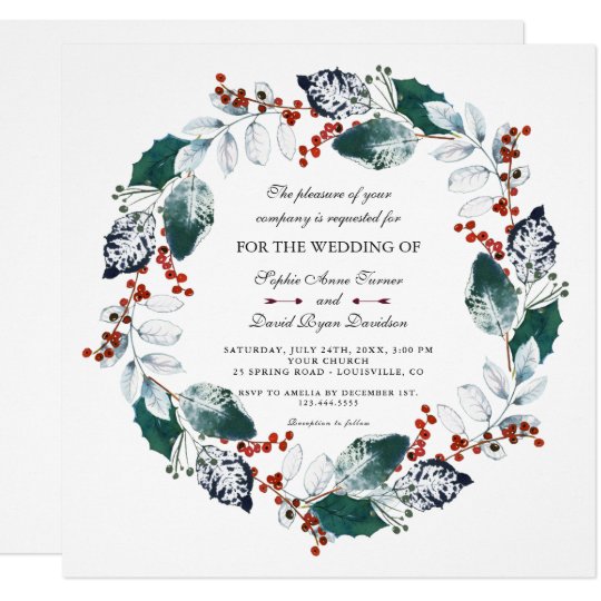 Whimsical Winter Holy Berries Wreath Wedding Invitation | Zazzle.com