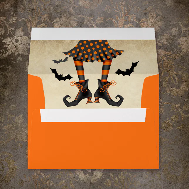 Whimsical Witch in Striped Stockings Halloween Envelope | Zazzle