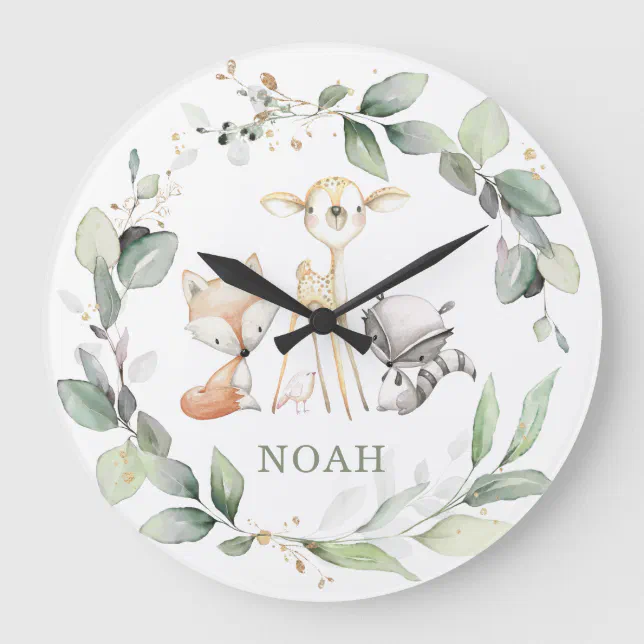 Whimsical Woodland Animals Greenery Boy Girl Room Large Clock | Zazzle