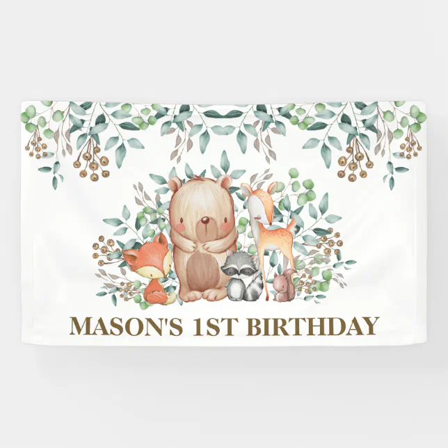Whimsical Woodland Baby Animals Birthday Party Banner | Zazzle