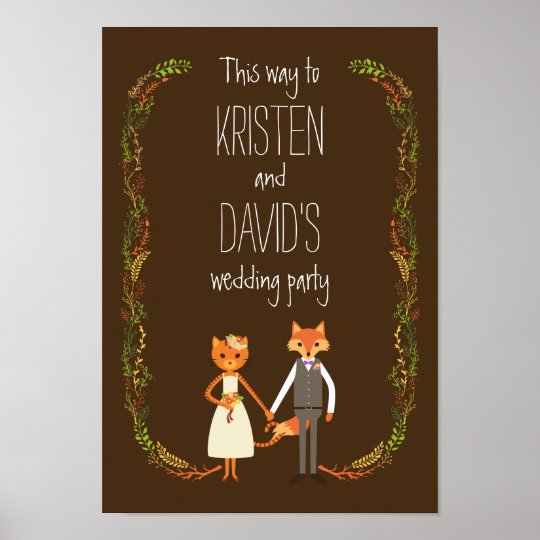 Whimsical Woodland Cat & Fox Couple Wedding Sign | Zazzle.com