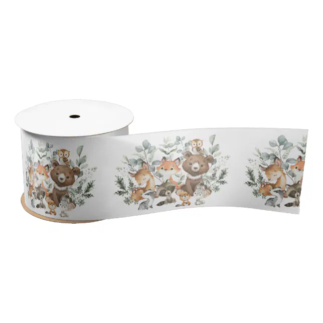 Whimsical Woodland Forest Animals Sage Greenery Satin Ribbon | Zazzle