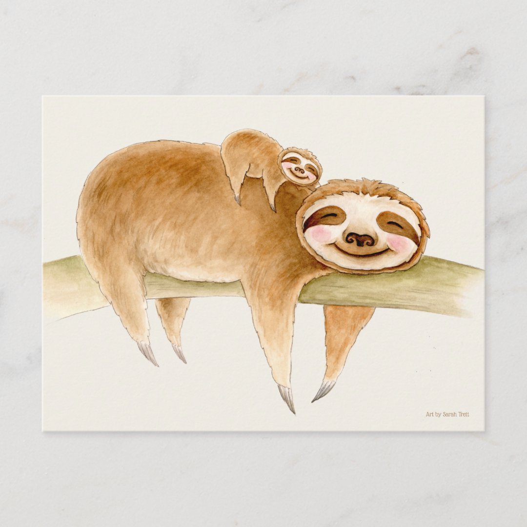 Whimsy sloth and cute baby watercolor painting postcard | Zazzle