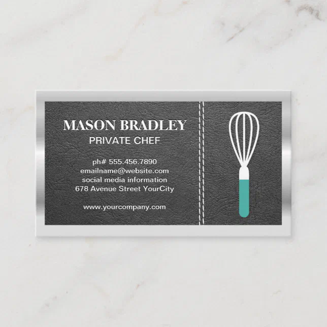 Whisk | Leather Stitched | Metallic Border Business Card | Zazzle