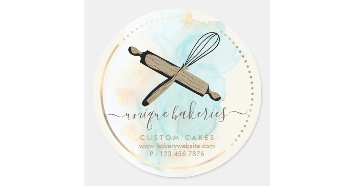Whisk Rolling Pin Bakery Stylish Pastries Classic Round Sticker | Zazzle