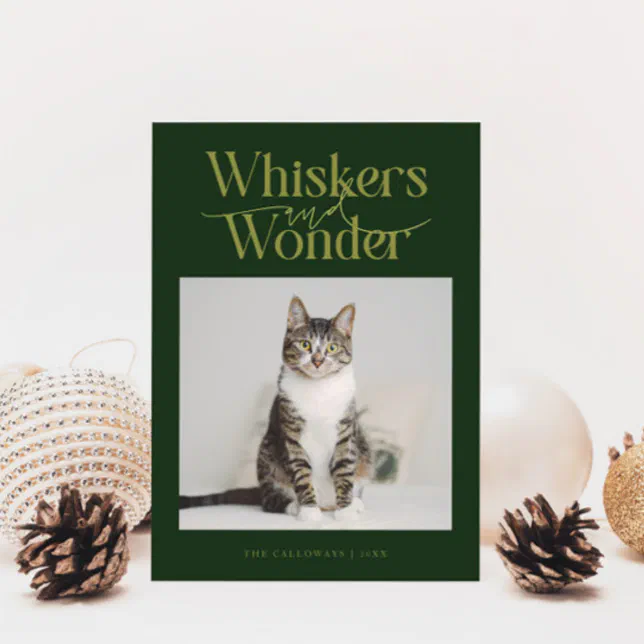 Whiskers & Wonder Cat Photo Green Christmas Holiday Card | Zazzle