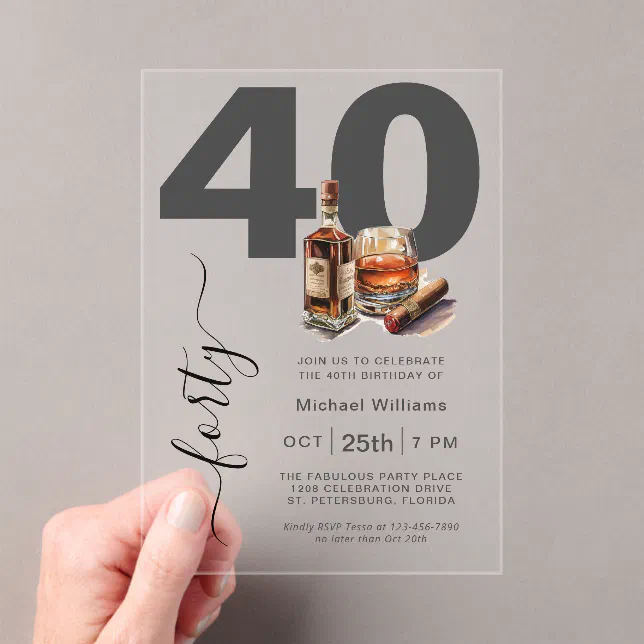 Whiskey and Cigars Masculine 40th Birthday Party Acrylic Invitations ...