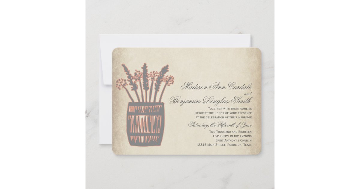 Whiskey Barrel of Wheat Rustic Wedding Invitations | Zazzle