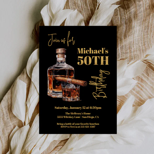 Whiskey Bourbon and Cigar Birthday Invitation | Zazzle