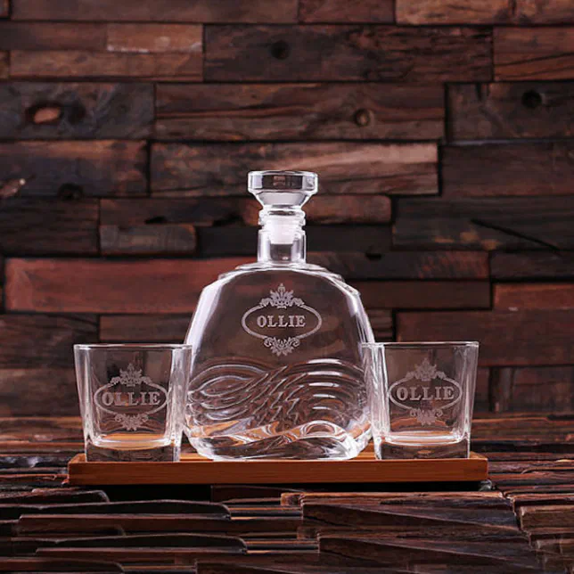 Whiskey Glass Set: Engraved Wood Tray & Decanter | Zazzle