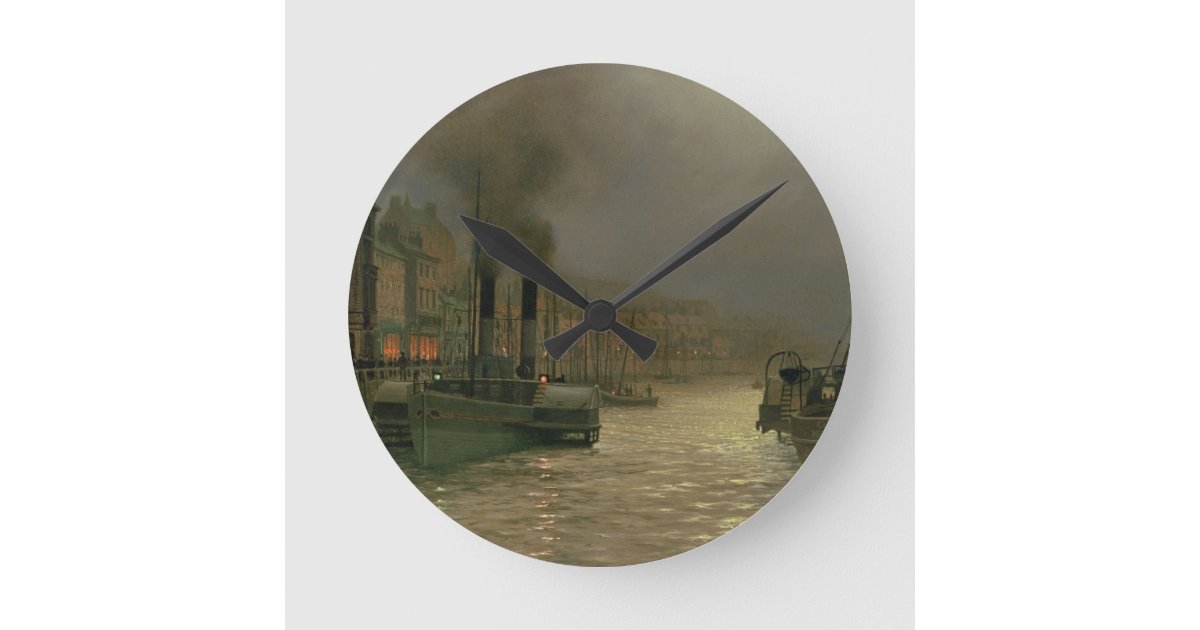 Whitby Harbor - Night, 1899 (oil on canvas) Round Clock | Zazzle